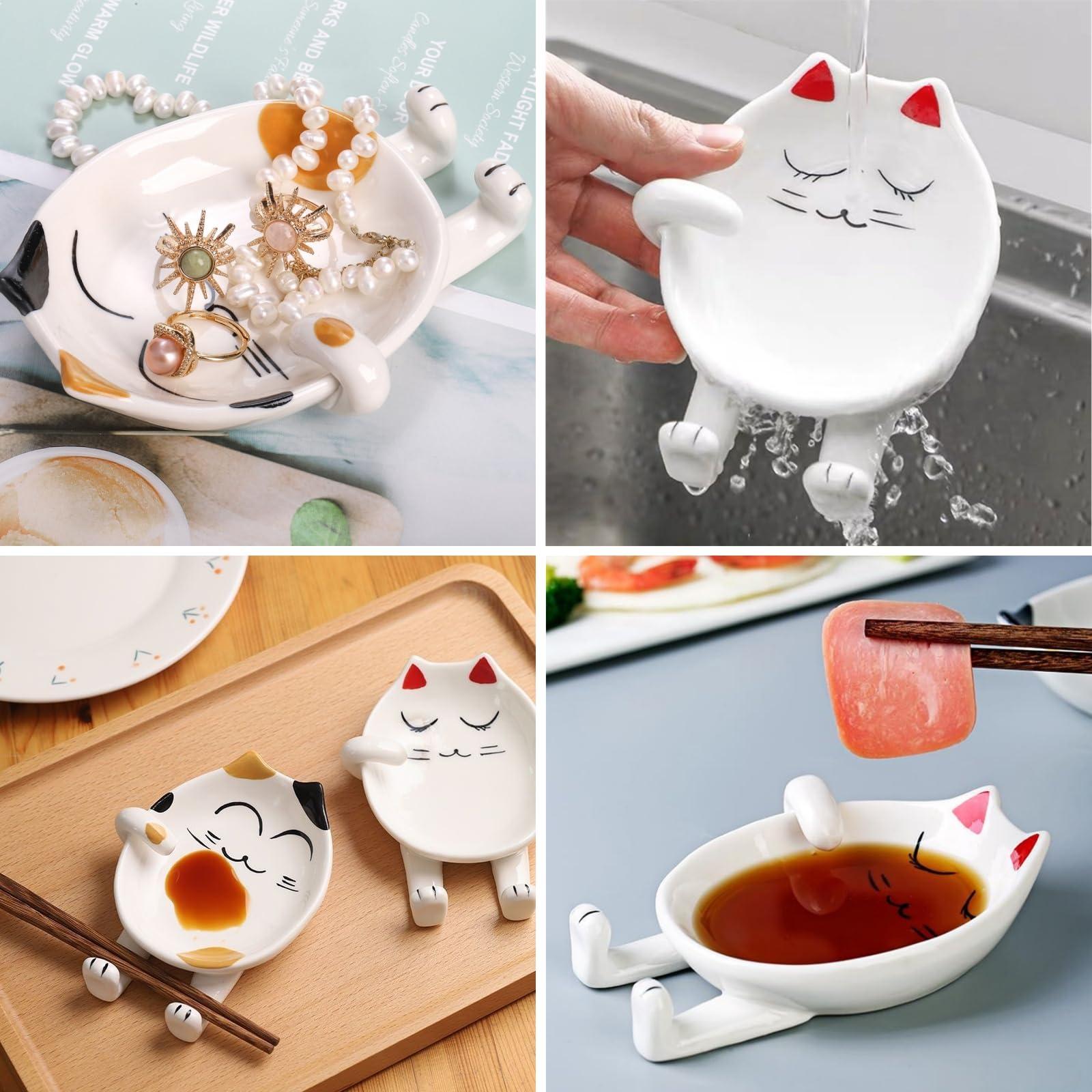 Pumtus 4 Pack Spoon Rest with Lid Holder, 5.5 Inch Cute Cat Ceramic Utensil Rest for Stove Top, Heat Resistant Stable Spatula Rest, Kitchen Accessories for Ladle Pot Lid Chopsticks, Dishwasher Safe