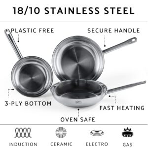 GIPFEL INTERNATIONAL 3 Piece Stainless Steel Frying Pan Set 8, 10, 12 Inch - Tri Ply Stainless Steel Skillet Healthy Cookware - Fry Pans for Induction Gas Electric Ceramic Stove & Oven Safe