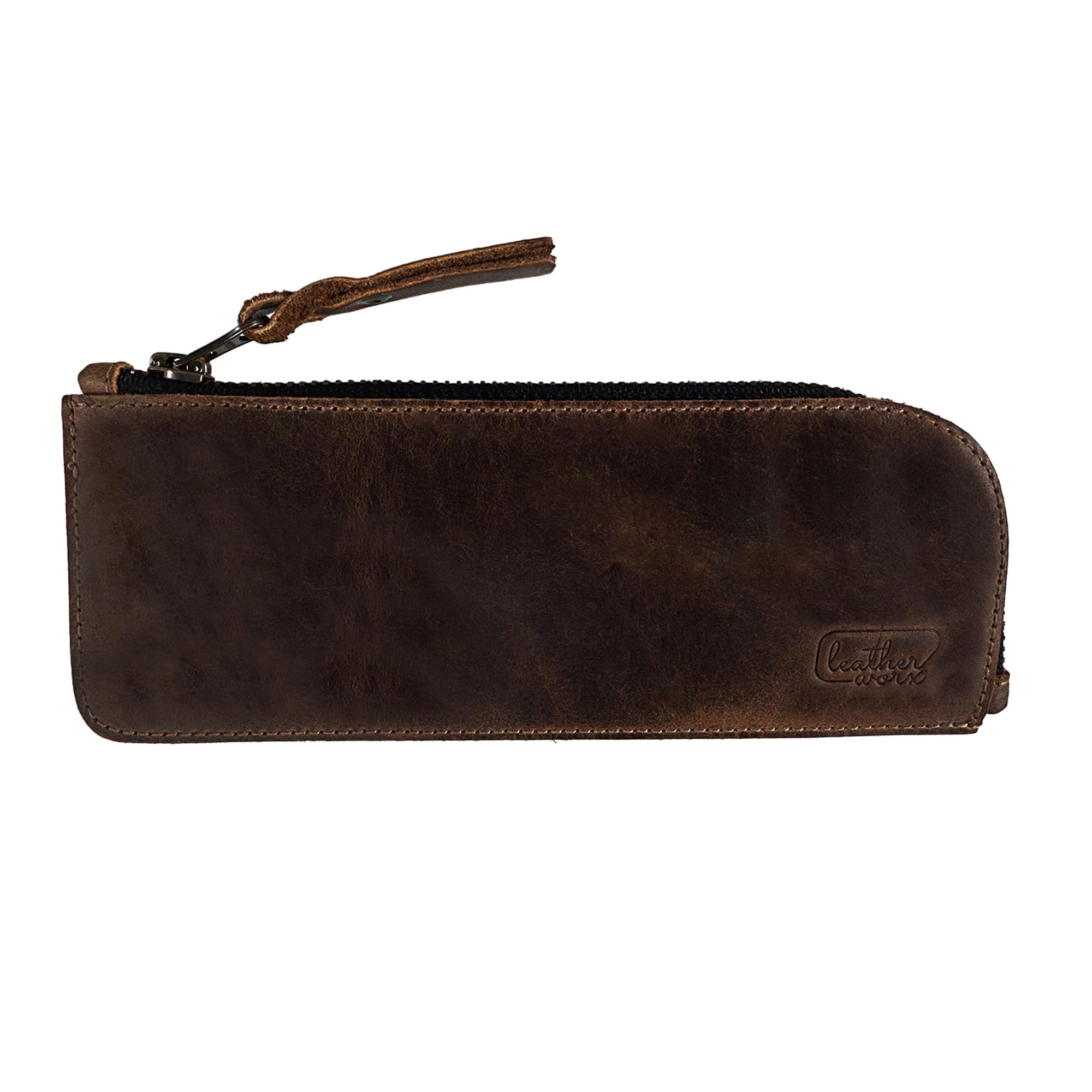 Leather Worx, Full Grain Leather Flat Pencil Pouch, Curved Pen and Marker Case for Men and Women, Zippered Bag for Work & Artists Accessories, Bourbon Brown