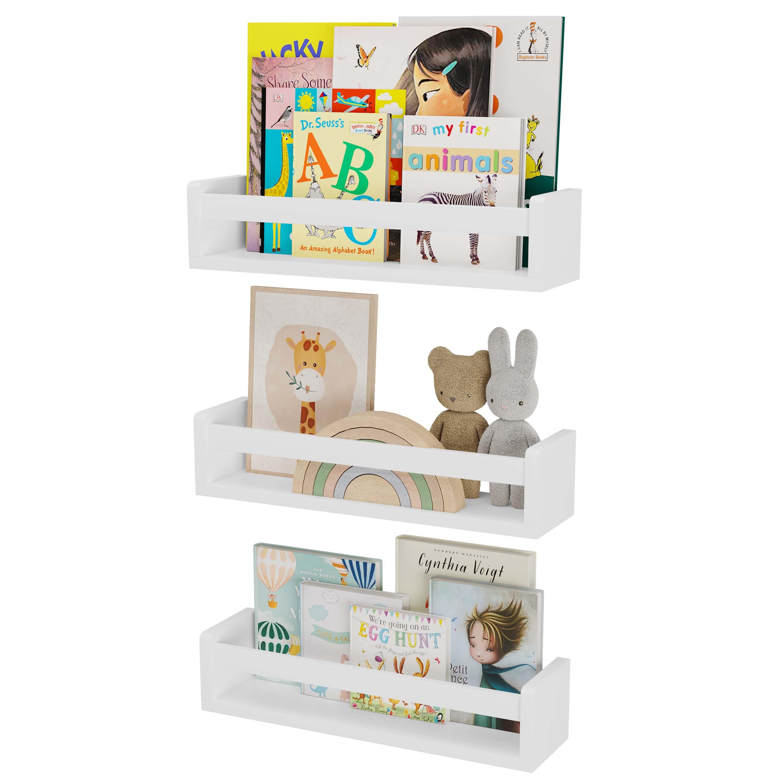 You Have Space Unge Nursery Book Shelves, Wall Bookshelf for Kids, Wood Floating Shelves for Kids Room, Set of 3, White