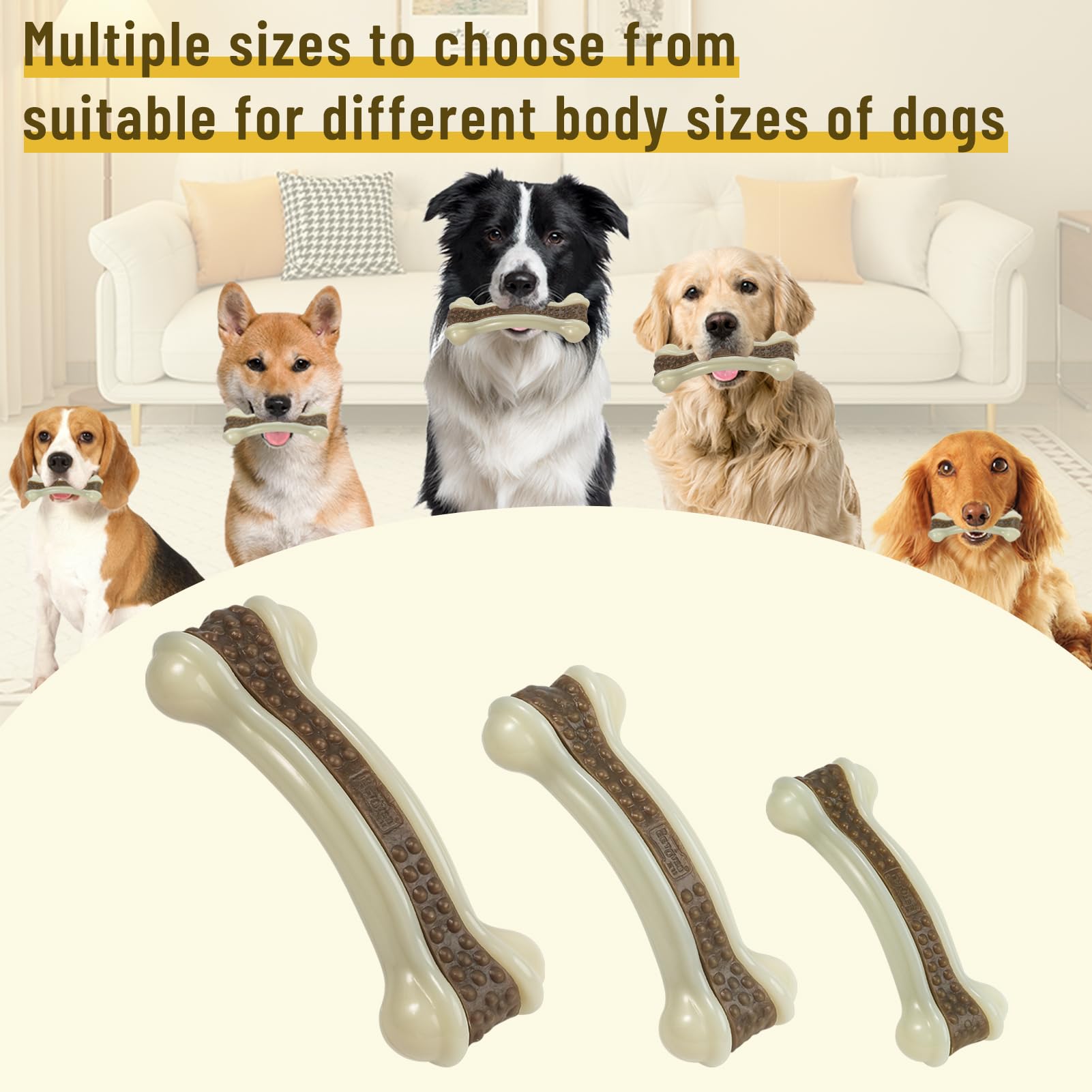 CyperGlory Dog Bones Chew Toys for Aggressive Chewers, Long Lasting and Indestructible Puppy Teething Toy, Beef Flavor Durable Nylon Toys for Small Medium Large Breeds (S+L 2 Pcs)