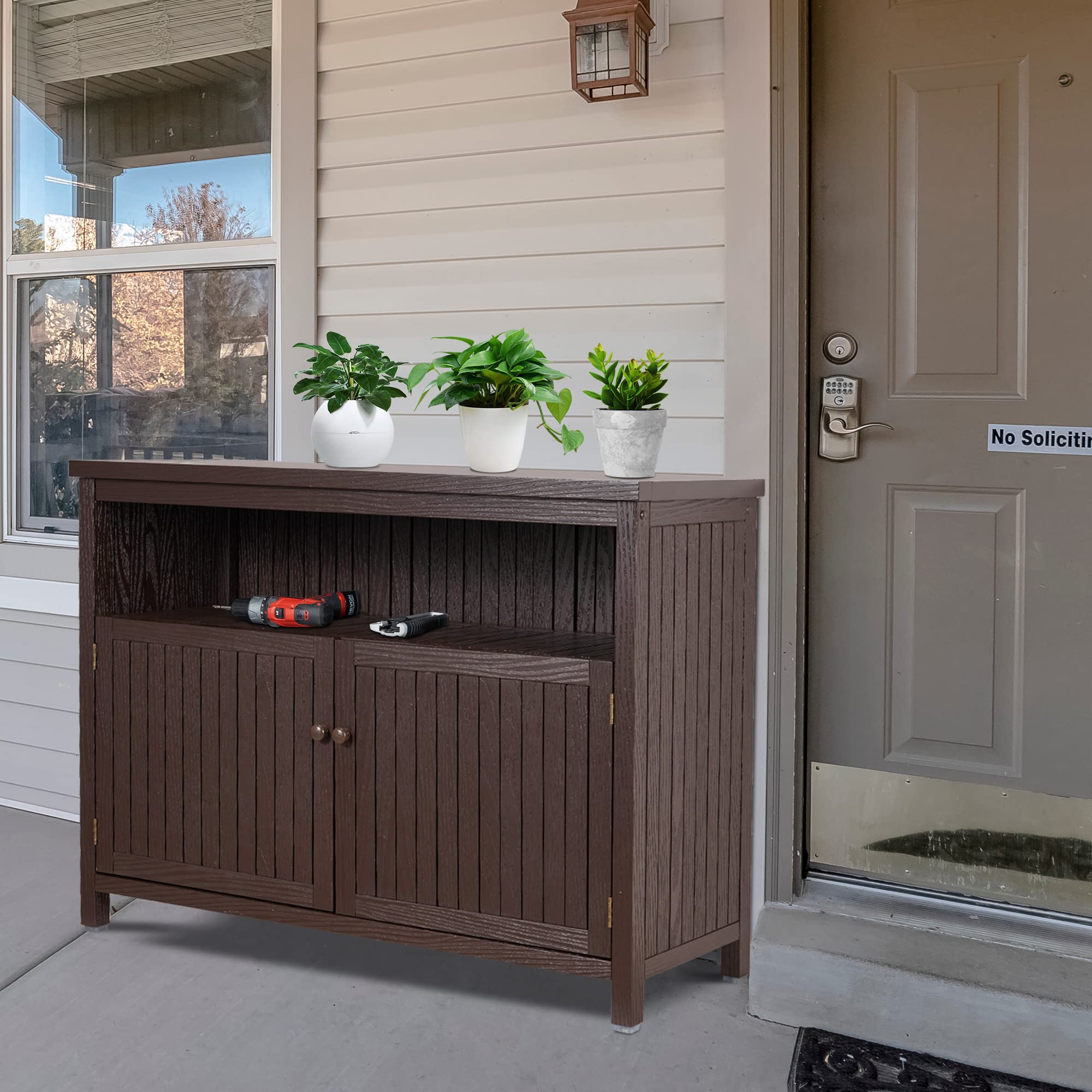 Dragosum Outdoor Console Sideboards Buffet Cabinet, 44" L x 16.5" W x 32.5" H Solid Wood Storage Cabinet TV Stand,Furniture for Patio Entryway Deck (Brown)