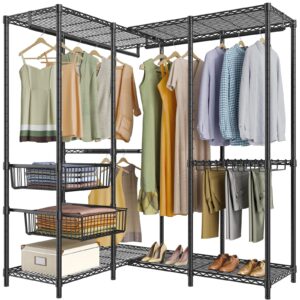 vipek l40 pro l shape garment rack corner clothes rack for hanging clothes, heavy duty clothing rack with 2 sliding baskets & 10 pants hangers, freestanding wardrobe closet, max load 1000lbs, black