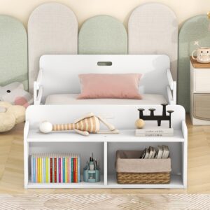 Twin Size Floor Bed with Rails and Storage Bench, Wood Kids Platform Bed Frame with Headboard and Footboard, No Box Spring Needed, White