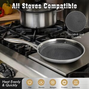 AuFranc® Hybrid Nonstick 9.5 Inch Stainless Steel Frying Pan, Induction Fry Pan with Honeycomb Carving, Non-stick Skillet Suitable for All Cooktops, Stay-Cool Handle, Non-Toxic, Dishwasher & Oven Safe