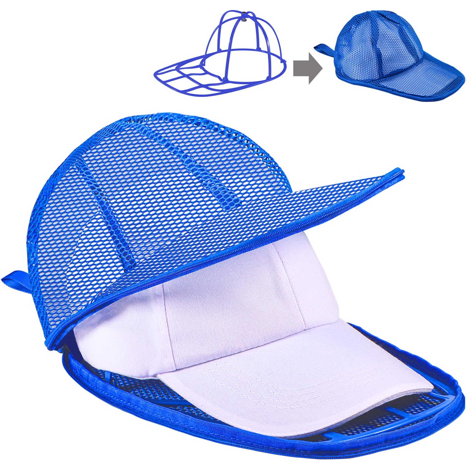 MAGTSMEI Hat Washer Cage, 1Pack Hat Washer for Baseball Caps Foldable Hat Cleaner for Washing Machine, Dishwasher Hat Rack Protector Organizer Storage for Flat & Curved Hats Blue