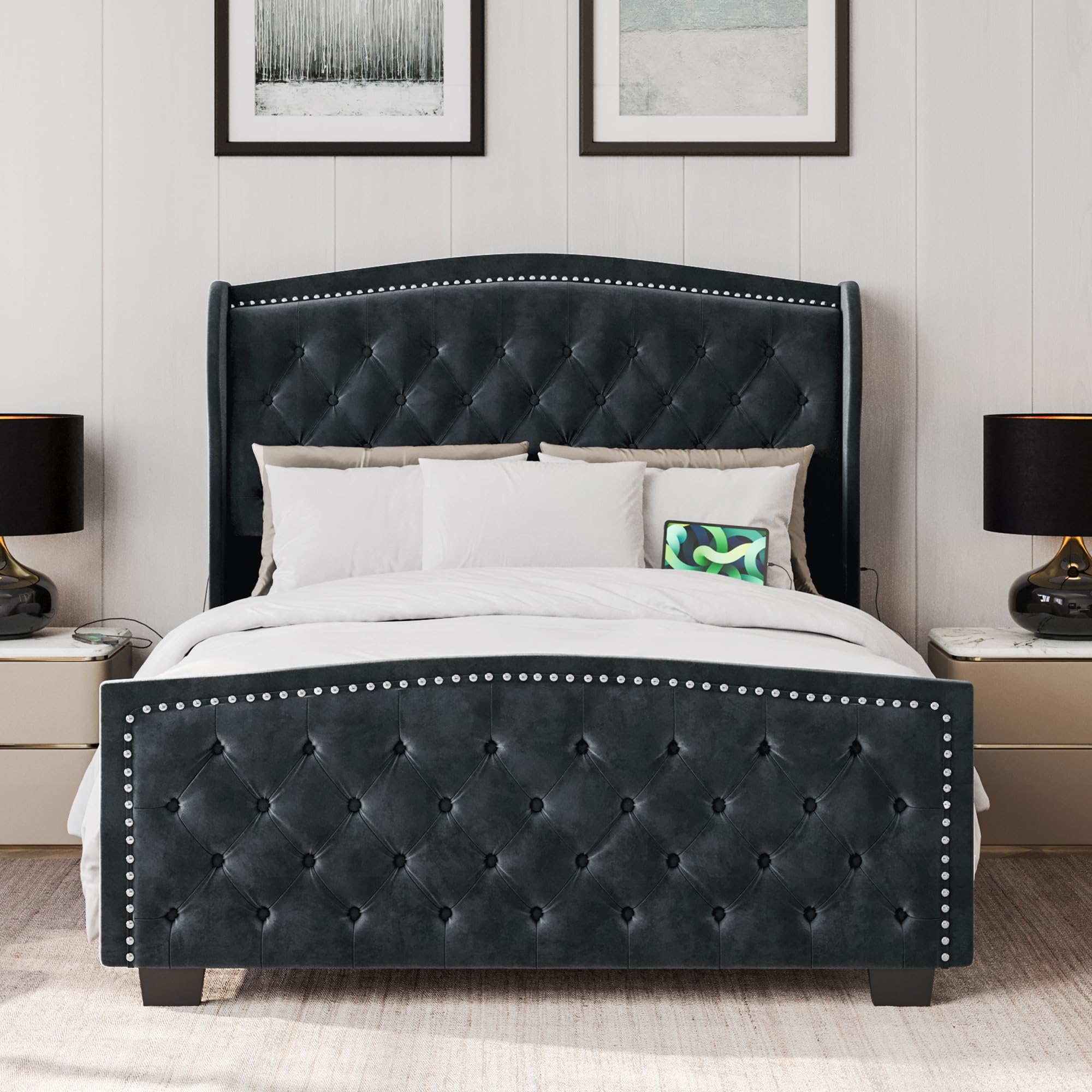 BELLEZE Queen Headboard Bed Frame with Fast Charging Port, Upholstered Platform Bed Frame with Handmade Button Tufted Headboard, Stable Noise-Free Bedroom Bed, No Box Spring Needed - Oslo (Gray)