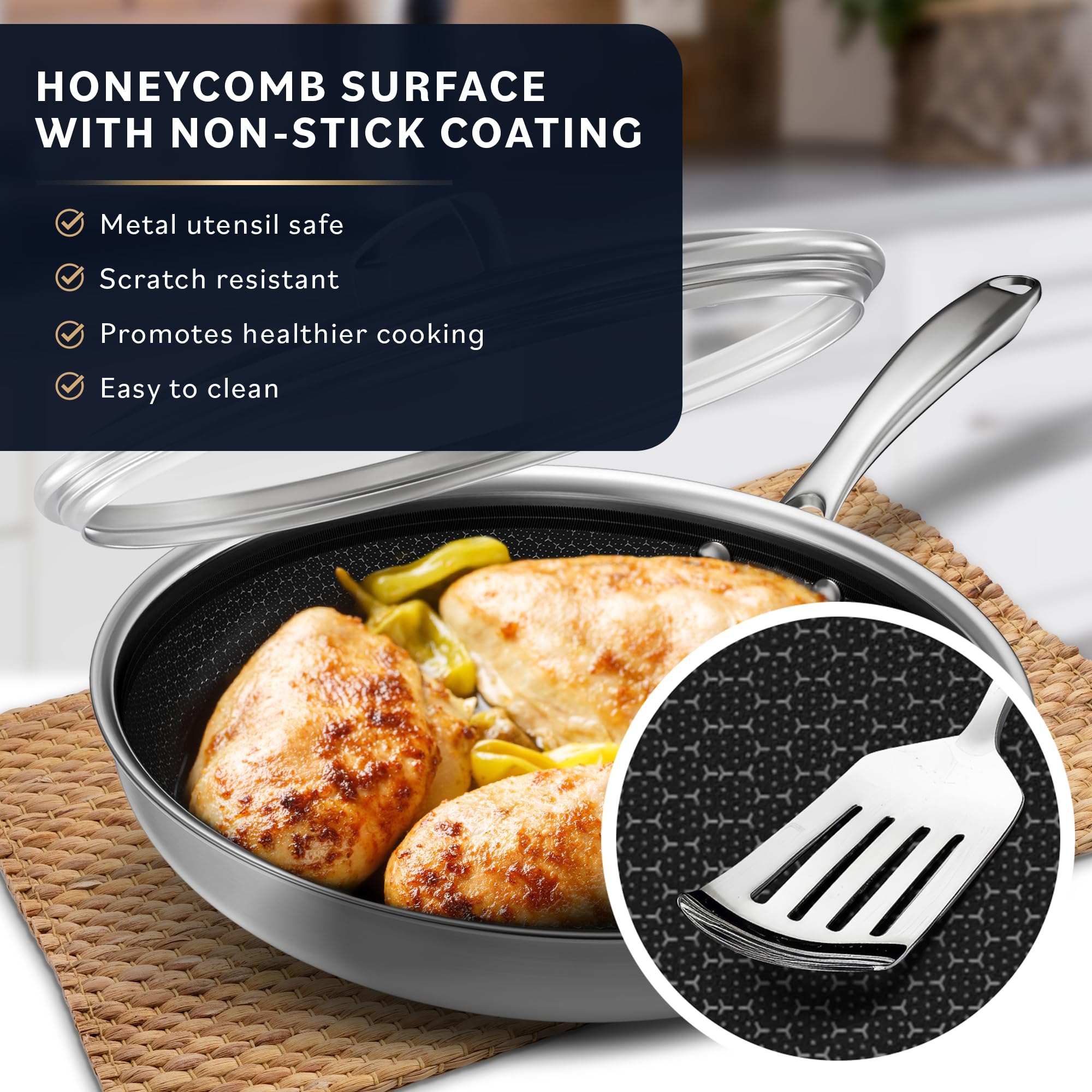 Home Hero LuxeClad Hybrid Nonstick Frying Pans - Dishwasher & Oven Safe Skillet - Induction Compatible w/All Cooktops Honeycomb Pan - Stainless Steel Non Stick Pan with Lid (Stainless Steel 12-Inch)