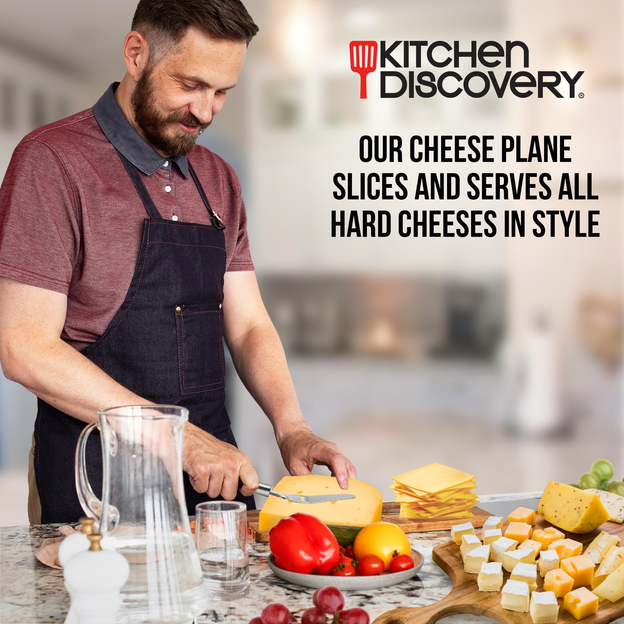 Cheese Slicer Handheld – Kitchen Discovery – Stainless Steel Cheese Plane Cuts Semi Hard and Hard Cheese into Thin, Uniform Slices – Elegant and Practical Charcuterie Tool and Block Cheese Slicer