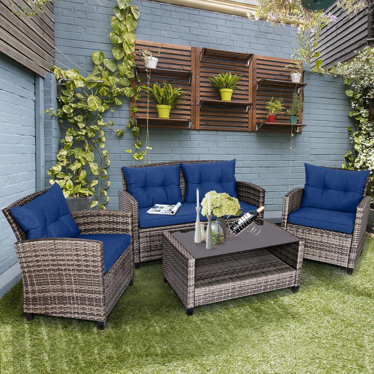 Tangkula 4 PCS Patio Wicker Conversation Furniture Set, Outdoor Rattan Sofa Set with Padded Cushion & Tempered Glass Coffee Table, Wicker Sectional Sofas & Table for Courtyard Balcony Garden (1, Navy)