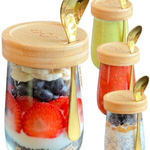 AYOS Premium Overnight Oats Containers with Bamboo Lids and Golden Spoons - 16 oz Glass Jars - 4 pack - Plastic Free