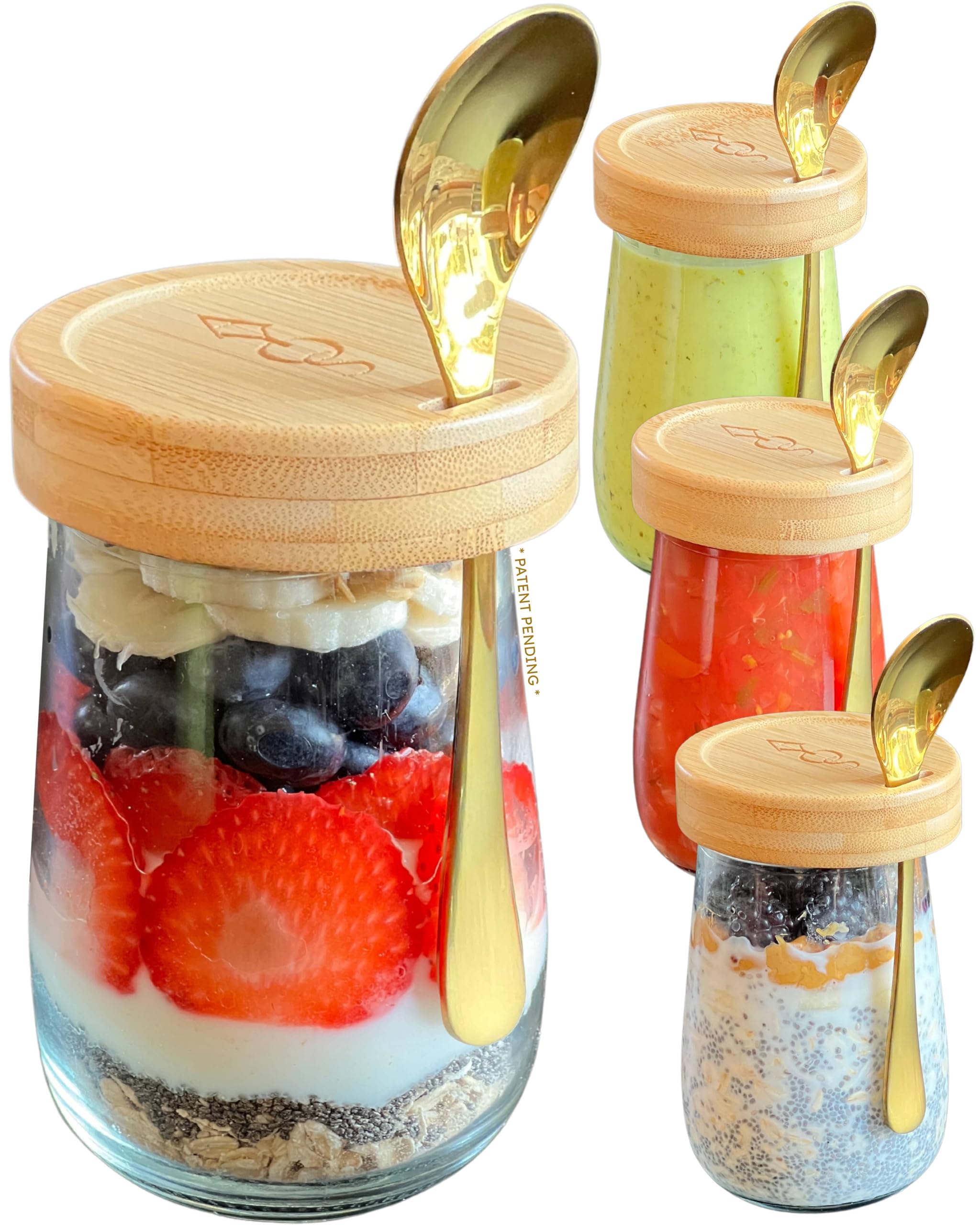 AYOS Premium Overnight Oats Containers with Bamboo Lids and Golden Spoons - 16 oz Glass Jars - 4 pack - Plastic Free