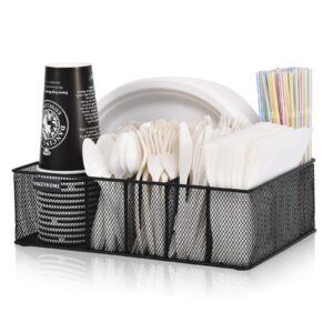 vikeyhome paper plate organizer for countertop, metal silverware caddy with 6 compartments for plate, cup, napkin, paper plate and utensil holder caddy for party, camping, picnic