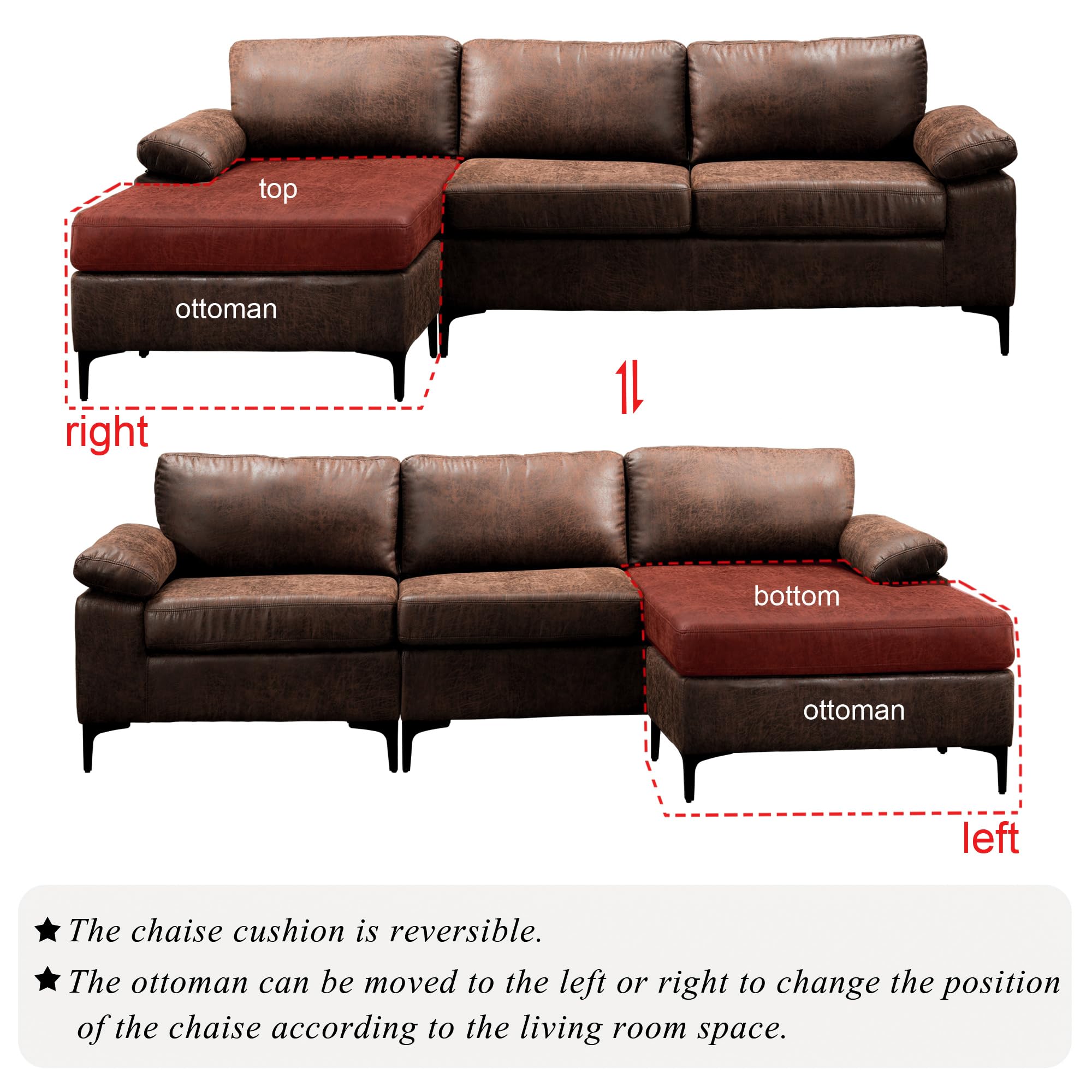 HOOOWOOO 97.6" Sectional Couch Sofa Modern L Shape Modular Sectional Sofa with Reversible Chaise Pillow Arms Solid Wood Frame for Living Room Apartment,Chocolate Brown Faux Leather