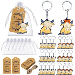 xlengo 72 pack highland cow party return favors with 24 highland cow keychains, 24 thank you tags and 24 gift bags for baby shower birthday, carnival rewards, cow party favors