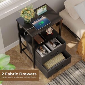 Seventable Nightstand with Charging Station, Bedside Table with LED Lights, Night Stand with 2 Fabric Drawers, 3-Tier Storage End Table for Bedroom, Black