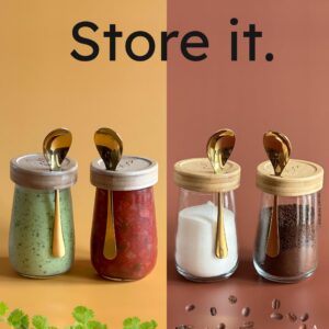 AYOS Premium Overnight Oats Containers with Bamboo Lids and Golden Spoons - 16 oz Glass Jars - 4 pack - Plastic Free