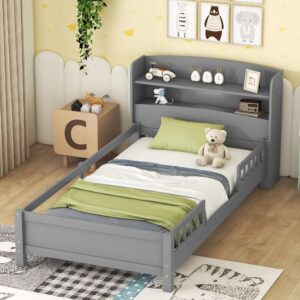 Twin Bed Frame with Storage Headboard and Fence Rails, Wood Low Platform Beds with LED Light and Slat Support for Kids Boys Girls Teens, No Box Spring Needed, Twin Size, Rustic Gray