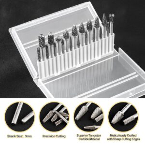 CaRoller Tungsten Carbide Burr Set, 1/8" Shank 20PC Double Cut Die Grinder Rotary Tool Cutting Burrs Set for Metal and Wood Working Carving, Engraving, Polishing, Grinding with Clear Storage Case