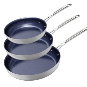 nuwave 3-piece fry pan set, 8”, 10”, 12” forged lightweight, g10 healthy duralon blue ceramic ultra non-stick, induction-ready & works on all cooktops, ergonomic stay-cool handles