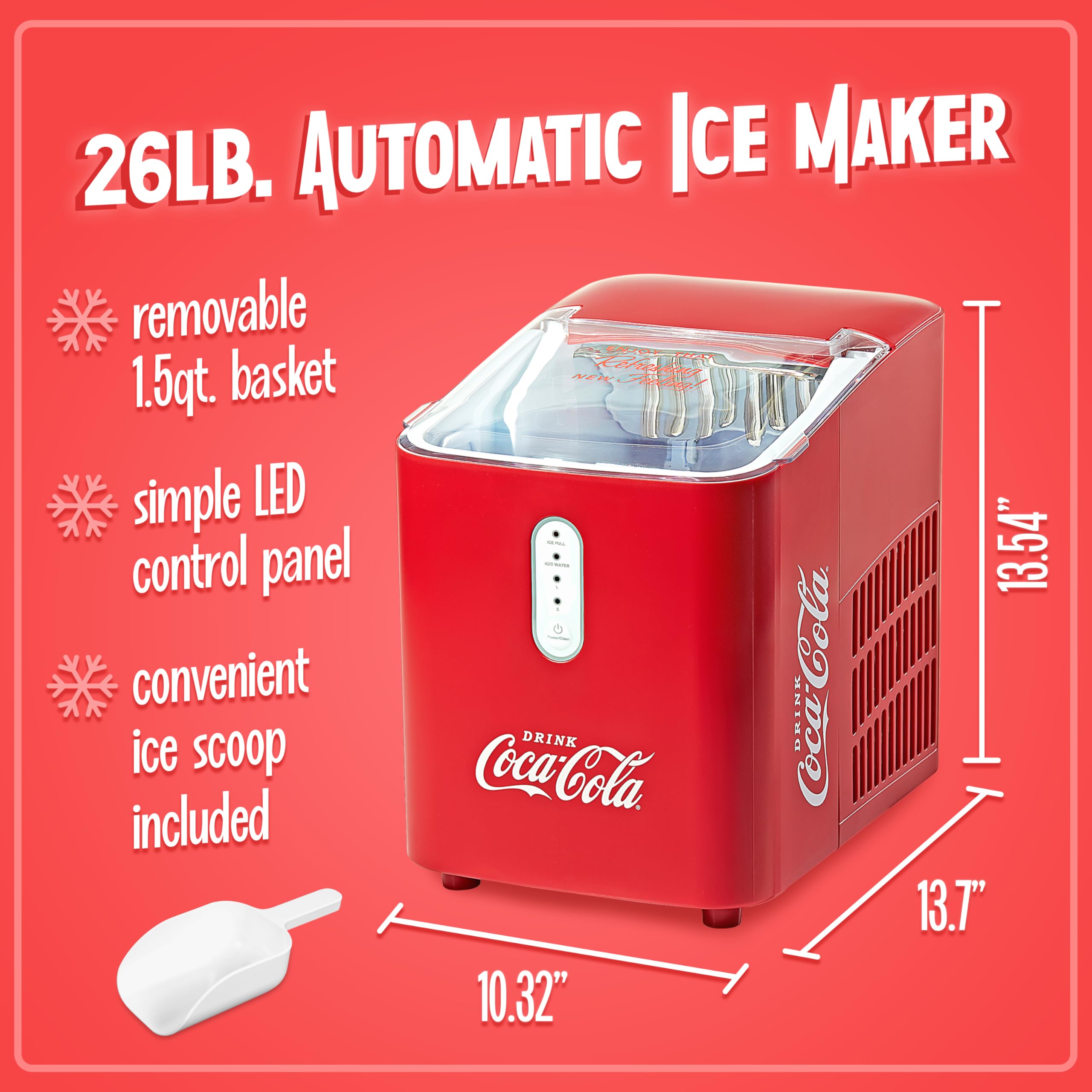 Coca-Cola Automatic Ice Maker, Self- Cleaning, Countertop Size, 26 Pounds in 24 Hours, 9 Large or Small Ice Cubes in 7 Minutes, LED Control Panel, Scoop Included, Perfect for Water Bottles