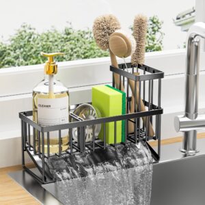 cisily kitchen sink caddy, sponge holder for kitchen sink, kitchen sink organzier and storage with high brush holder, rustproof 304 stainless kitchen gadgets sink accessories, organizadores de cocina