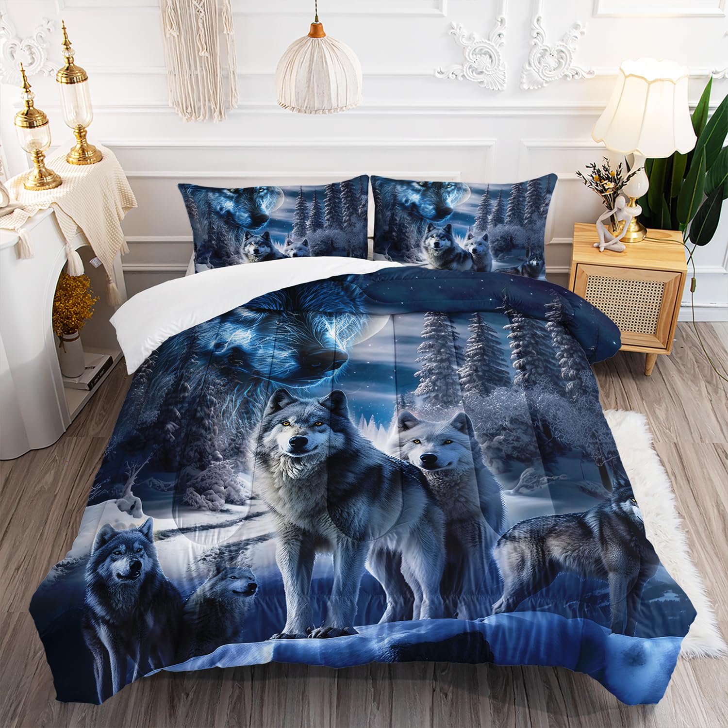 AILONEN Boys Bedding Set Wolf Printed Comforter Set,Snow Wolf Comforter Sets Queen Size,Animals Wolf Duvet Set for Boys Adult Room Decor,3Pcs Safari Wolves Duvet Set, 1 Quilt and 2 Pillowcases