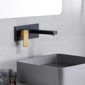 SUMERAIN Wall Mount Bathroom Sink Faucet Black and Gold Finish with Left-Handed Handle and Rough in Valve