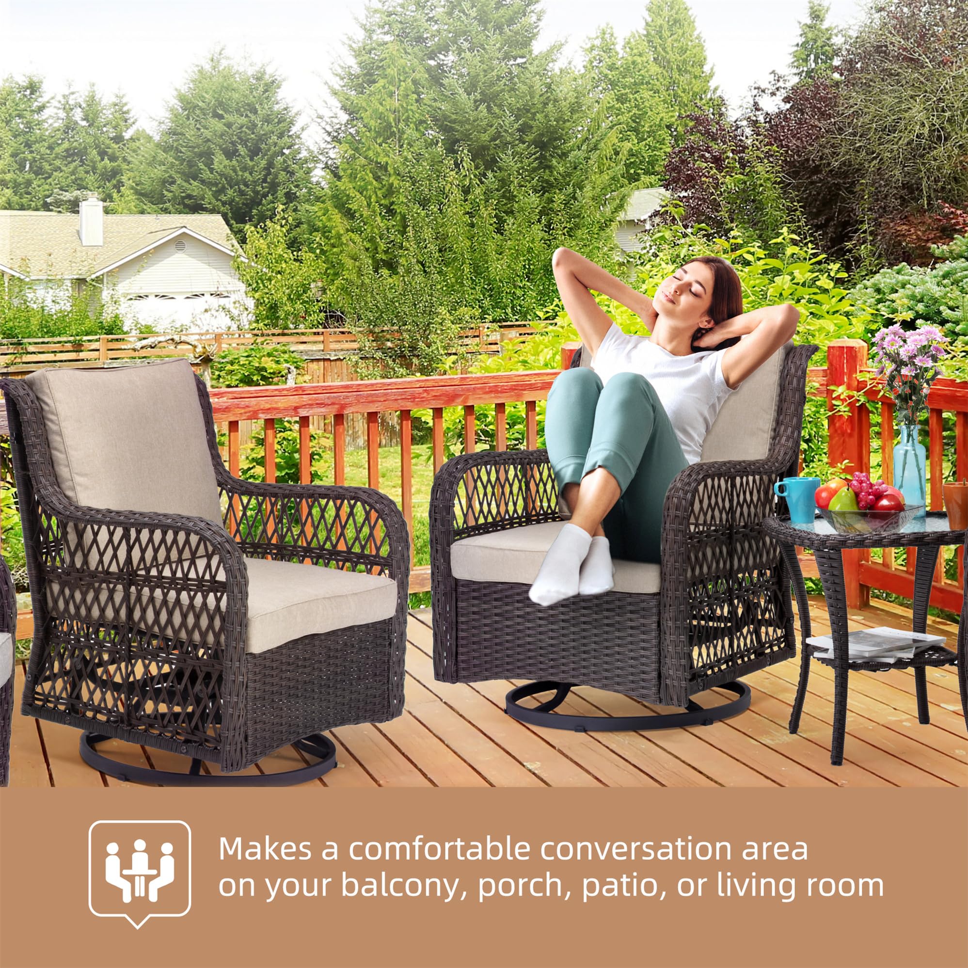 GAOMON Rattan Chairs Rocking Swivel Chair Outdoor Set with Side Table and Cushions, Patio Conversation Furniture Set 3 Piece for Outside Porch Deck Balcony Garden Backyard (Beige Cushions)