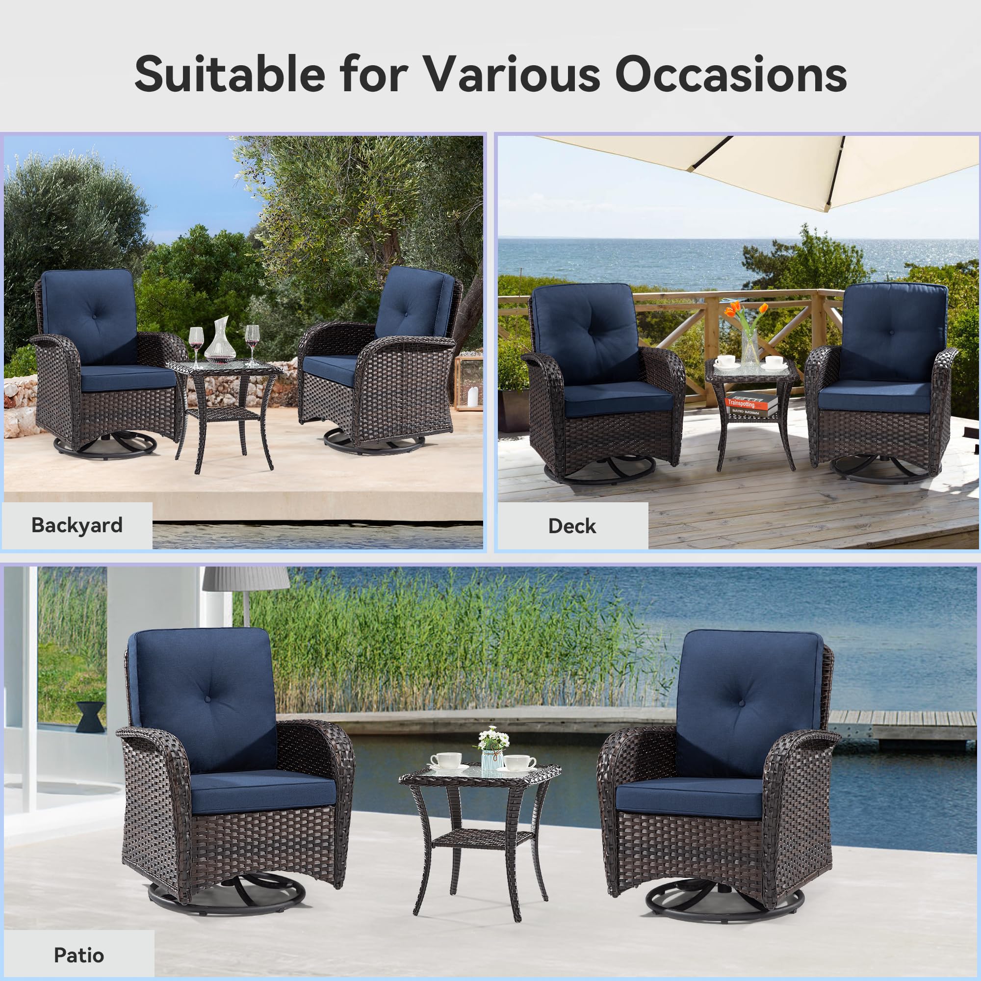 Gardenbee Patio Swivel Glider Wicker Chairs - Outdoor Swivel Rocking Chairs Set of 4 with 2 Wicker Side Tables, Patio Swivel Rocker Chair 6 Piece Patio Furniture Sets for Patio Porch Deck(Brown/Blue)