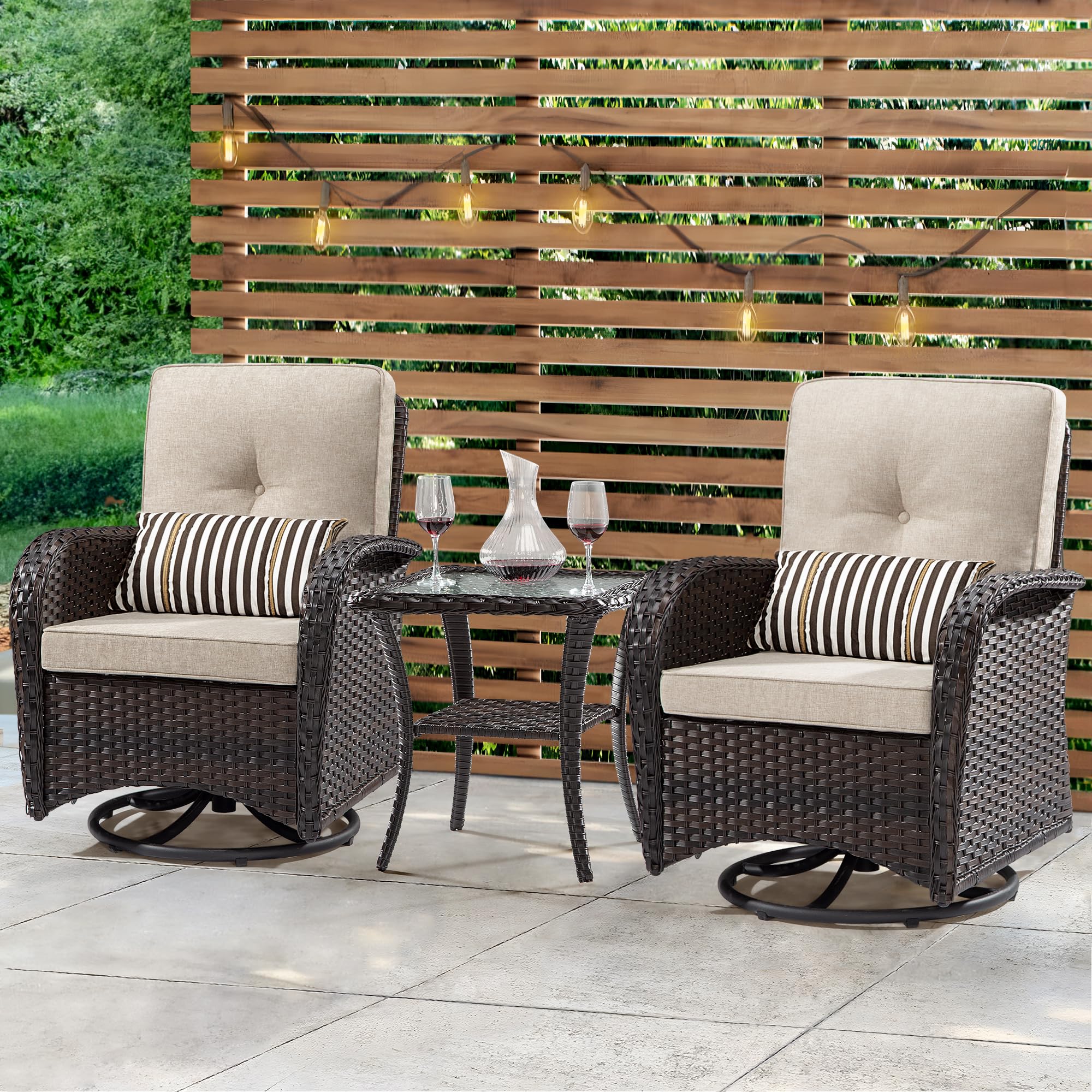 Gardenbee Patio Swivel Glider Wicker Chairs - Outdoor Swivel Rocking Chairs Set of 4 with 2 Wicker Side Tables, Patio Swivel Rocker Chair 6 Piece Patio Furniture Sets for Patio Porch Deck(Brown/Beige)