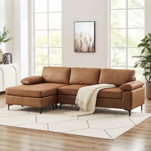 vanomi 100" sectional sofa, faux leather mid-century modern reversible couch, l shaped 3-seat sofa couch with chaise for living room, brown