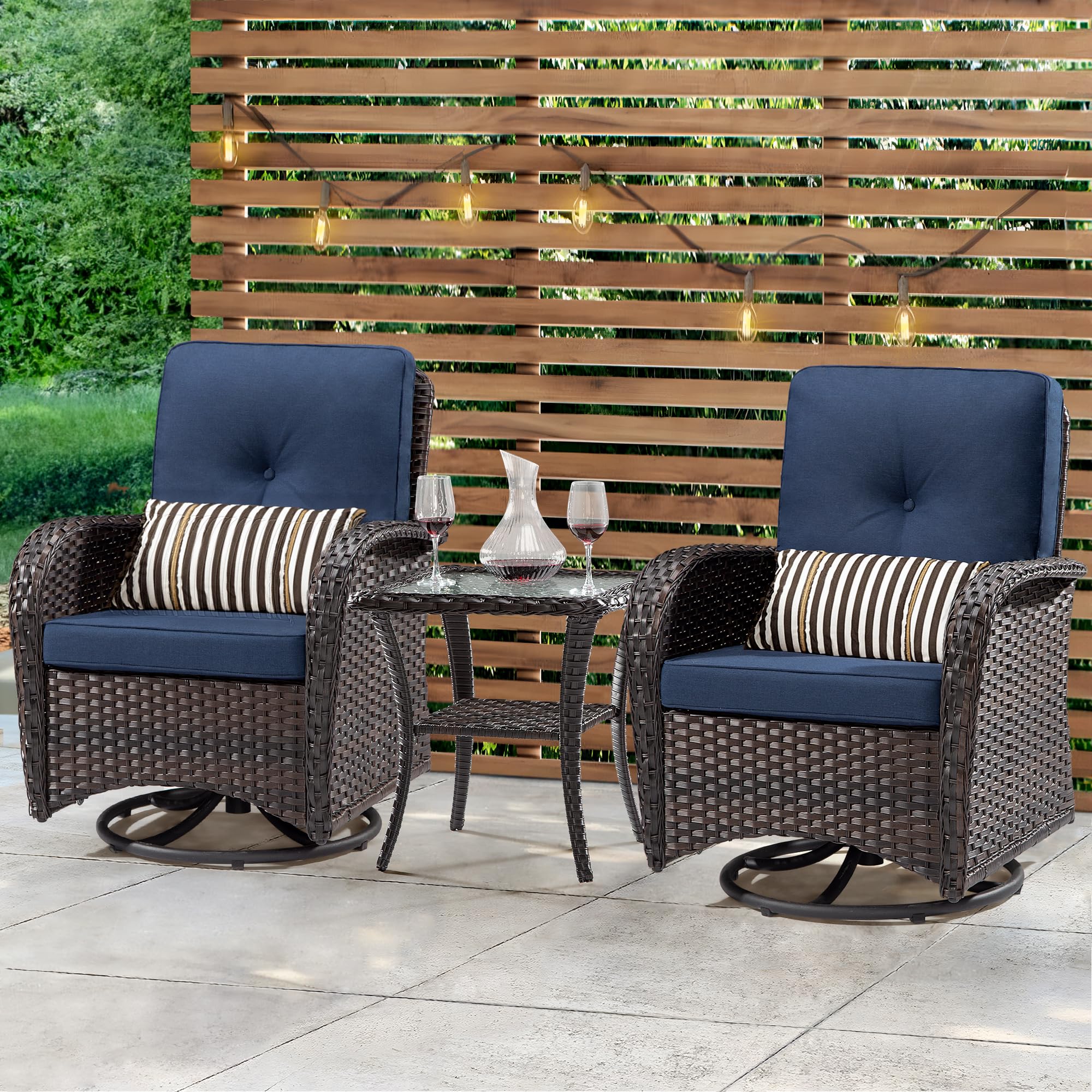 Gardenbee Patio Swivel Glider Wicker Chairs - Outdoor Swivel Rocking Chairs Set of 4 with 2 Wicker Side Tables, Patio Swivel Rocker Chair 6 Piece Patio Furniture Sets for Patio Porch Deck(Brown/Blue)