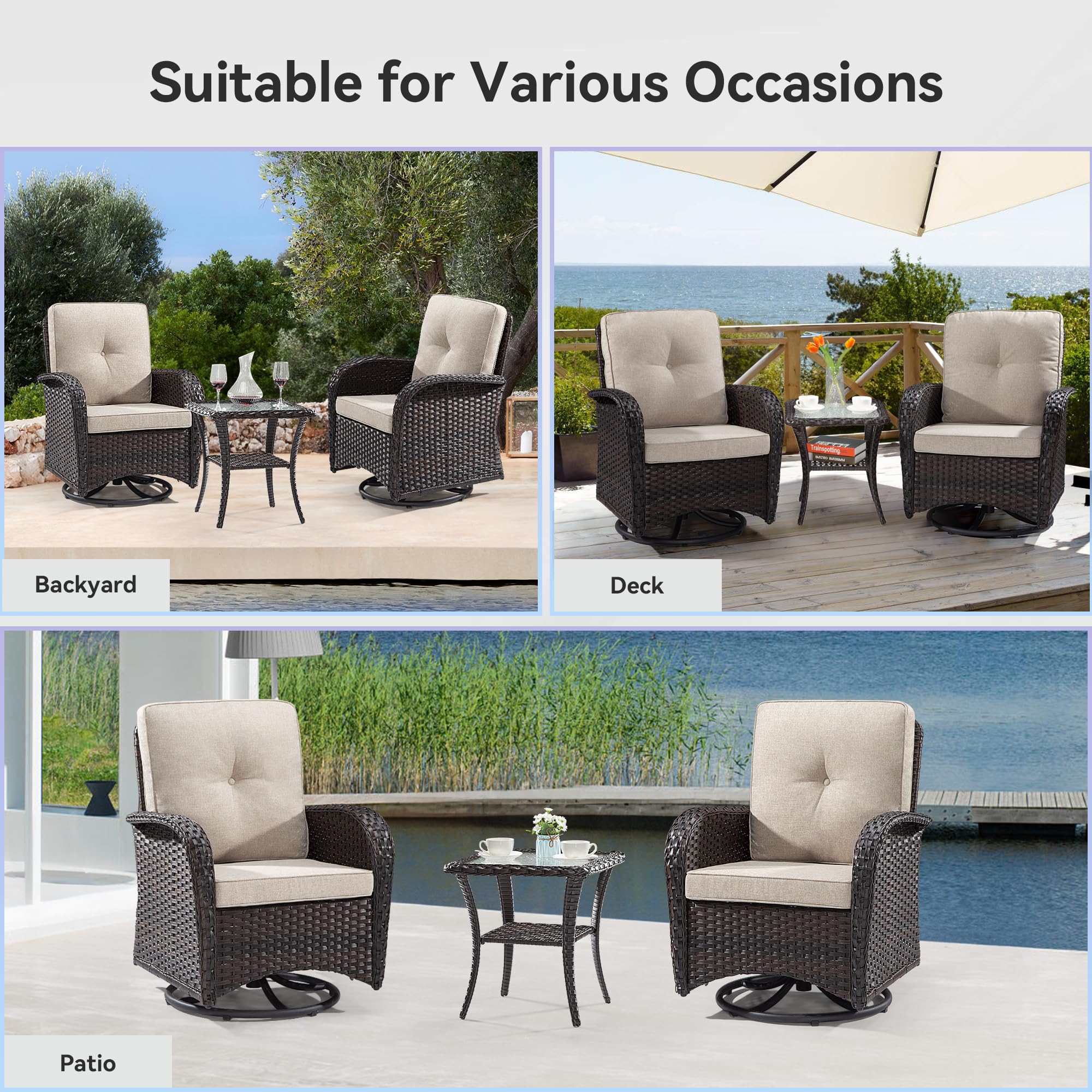 Gardenbee Patio Swivel Glider Wicker Chairs - Outdoor Swivel Rocking Chairs Set of 4 with 2 Wicker Side Tables, Patio Swivel Rocker Chair 6 Piece Patio Furniture Sets for Patio Porch Deck(Brown/Beige)