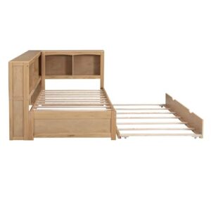 HomSof Size Daybed with Trundle,L-Shaped Bookcases,Storage Cabinets and USB Ports, Twin-L, Wood