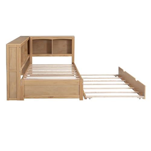 HomSof Size Daybed with Trundle,L-Shaped Bookcases,Storage Cabinets and USB Ports, Twin-L, Wood