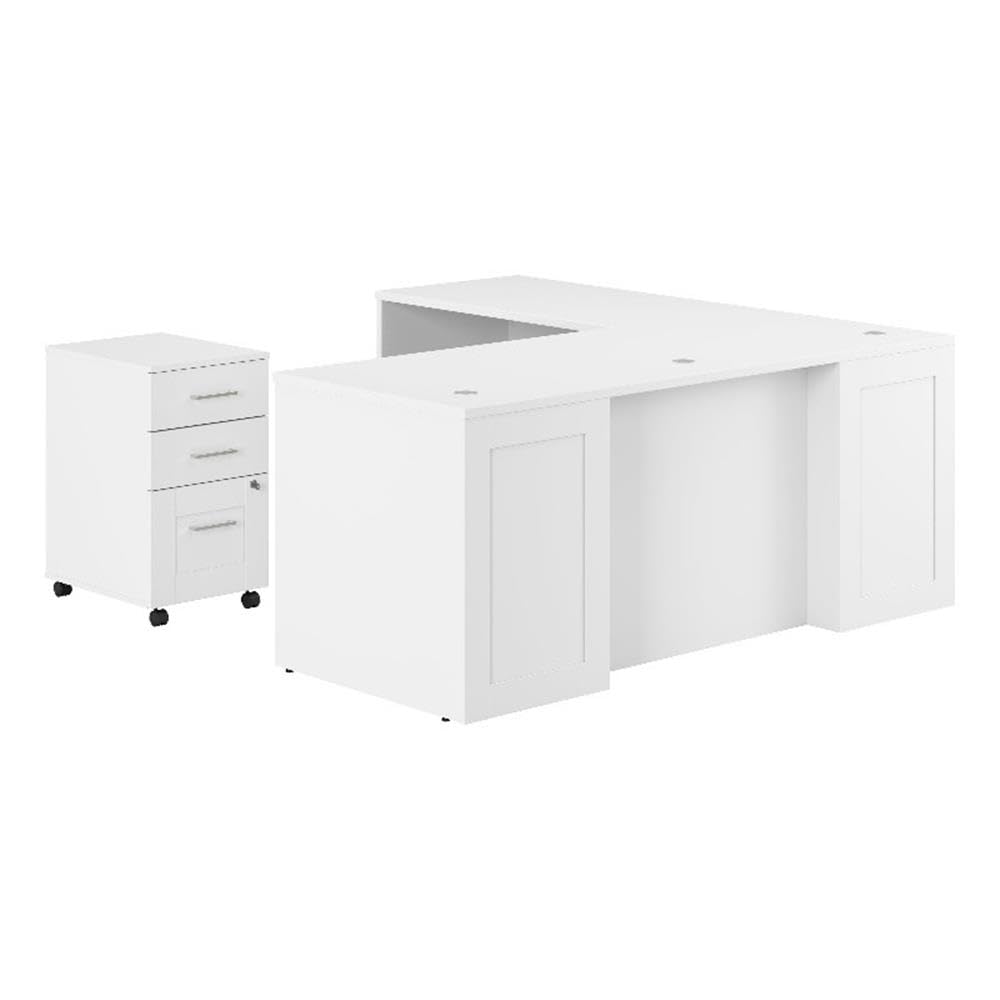 Bush Business Furniture Hampton Heights 72W x 30D Executive L-Shaped Desk with 3 Drawer Mobile File Cabinet in White | Storage for Home Office Workspace