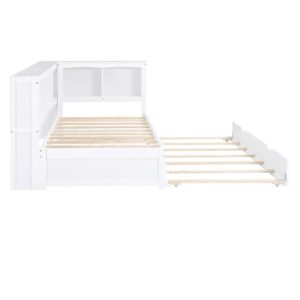 HoRunzelin Twin Size Daybed with Trundle, Storage Cabinets and Charging Station, Pine Wood L Shaped Bookcase Bed Platform Bed with Shelves for Kids Boys Girls, White