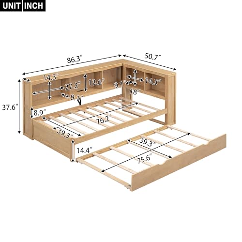 HomSof Size Daybed with Trundle,L-Shaped Bookcases,Storage Cabinets and USB Ports, Twin-L, Wood