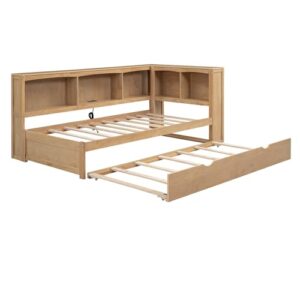 HomSof Size Daybed with Trundle,L-Shaped Bookcases,Storage Cabinets and USB Ports, Twin-L, Wood