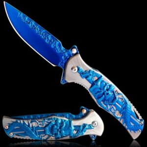 madsmaug skull pocket knife, cool pocket folding knife with 3d titanium-plated skull patterns, great christmas gift edc knife for men outdoor survival camping(blue)