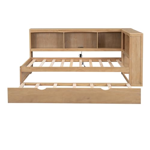 HomSof Size Daybed with Trundle,L-Shaped Bookcases,Storage Cabinets and USB Ports, Twin-L, Wood