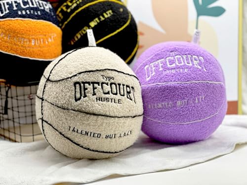 Tezimjia 2023 New Offcourt Basketball Pillow,11" Basketball Shaped Pillow Teddy Fleece Embroidered Basketball Throw Pillow Fuzzy Plush Toy Gifts for Kids Boys Girls (Beige)