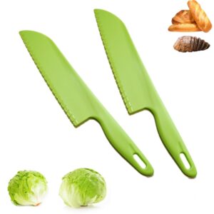 jawbush professional lettuce knife to prevent browning, 11" plastic serrated kitchen knife for veggies, salad, fruit, bread or cake, nylon knife for nonstick pans, green, 2 pack