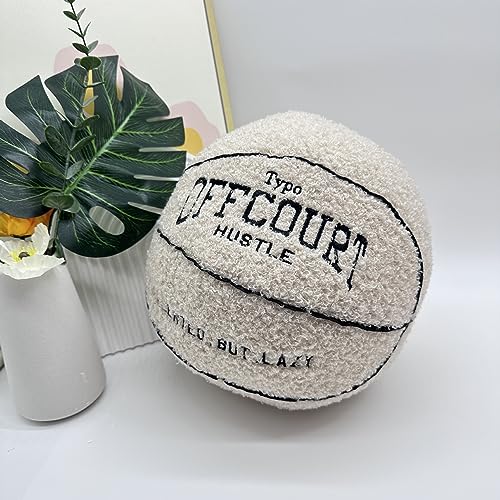 Tezimjia 2023 New Offcourt Basketball Pillow,11" Basketball Shaped Pillow Teddy Fleece Embroidered Basketball Throw Pillow Fuzzy Plush Toy Gifts for Kids Boys Girls (Beige)