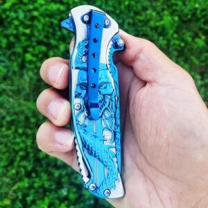 MADSMAUG SKULL Pocket Knife, Cool Pocket Folding Knife with 3D TITANIUM-PLATED SKULL Patterns, Great Christmas Gift EDC knife For Men Outdoor Survival Camping(Blue)