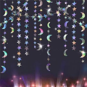 Abien Moon Star Garland Decorations Holographic Hanging Decor Party Streamers Silver Twinkle Star Banner Backdrop for Baby Shower Birthday Wedding Engagement Disco Sparkly Party Decorations 4PCS