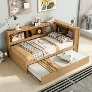 homsof twin size daybed with trundle,l-shaped bookcases,storage cabinets and usb ports,wood color