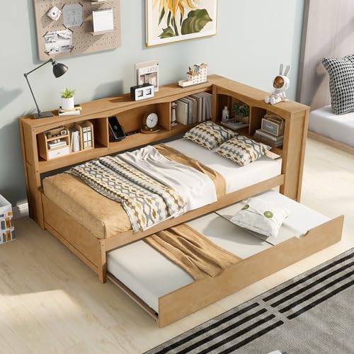 HomSof Size Daybed with Trundle,L-Shaped Bookcases,Storage Cabinets and USB Ports, Twin-L, Wood