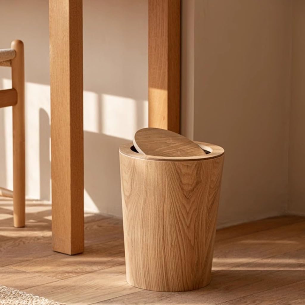 MOOTEK Round Wood Trash Can with Lid, Japanese-Style Natural Wood Garbage Recycling Bin, Wood Waste Bin with Swing Lid, for Bathrooms, Powder Room, Kitchen, Home Office